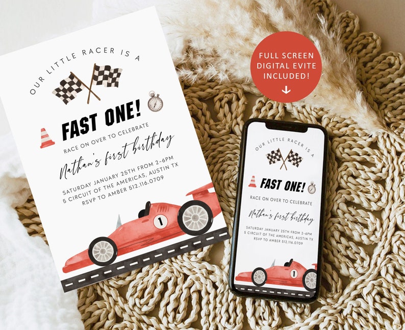 RACE CAR Birthday Invitation Fast One Birthday Digital - Etsy