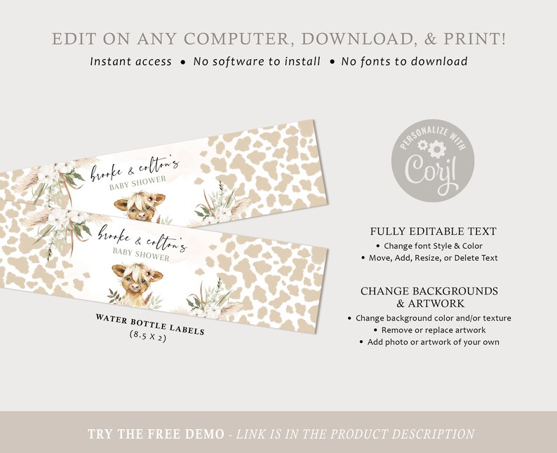 Boho Highland Cow Water Bottle Labels Template Pampas Western - Etsy