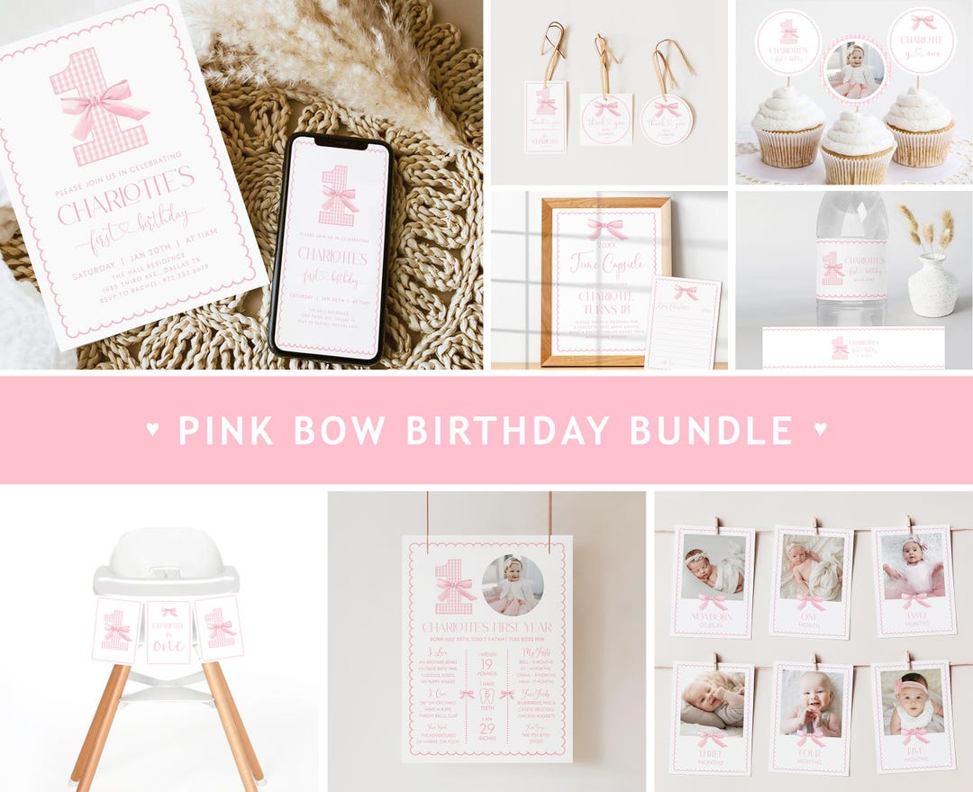 Coquette PINK BOW First Birthday Invitation Bundle, Ribbon First ...