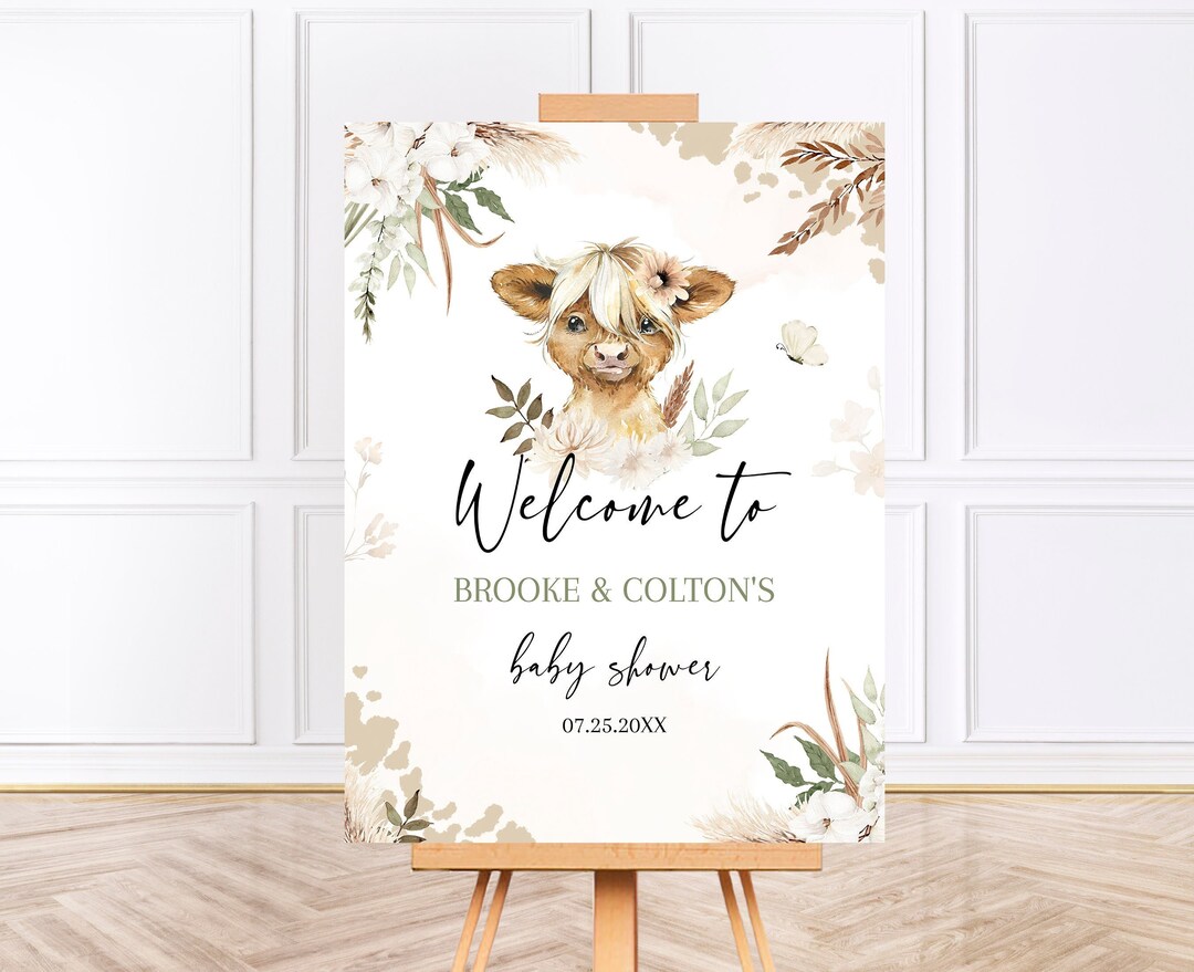 Boho HIGHLAND COW Baby Shower Welcome Sign, Holy Cow Baby Shower Decor ...