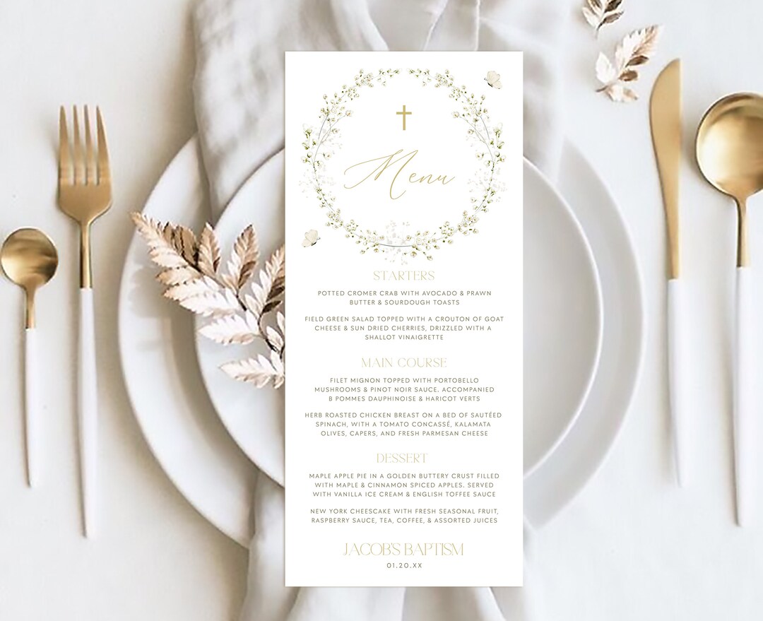 Boy BAPTISM Menu Template, First Communion Dinner Menu, Bautizo Floral ...