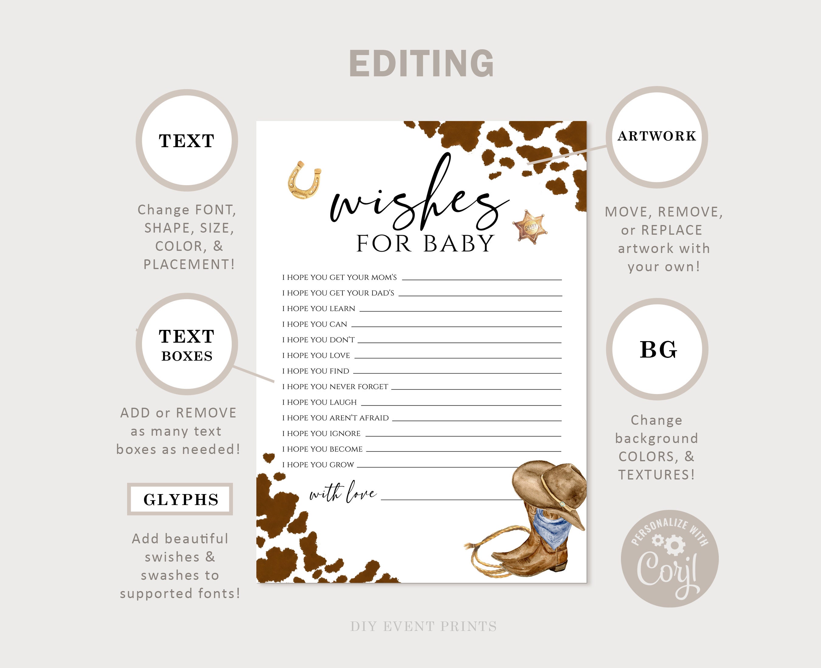 Wishes for Baby Card Template, Little Cowboy Printable Wild West Baby ...