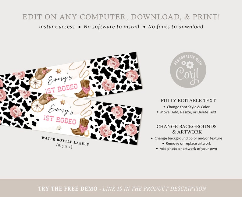 My FIRST RODEO Water Bottle Labels Template, Western Cowgirl Custom ...