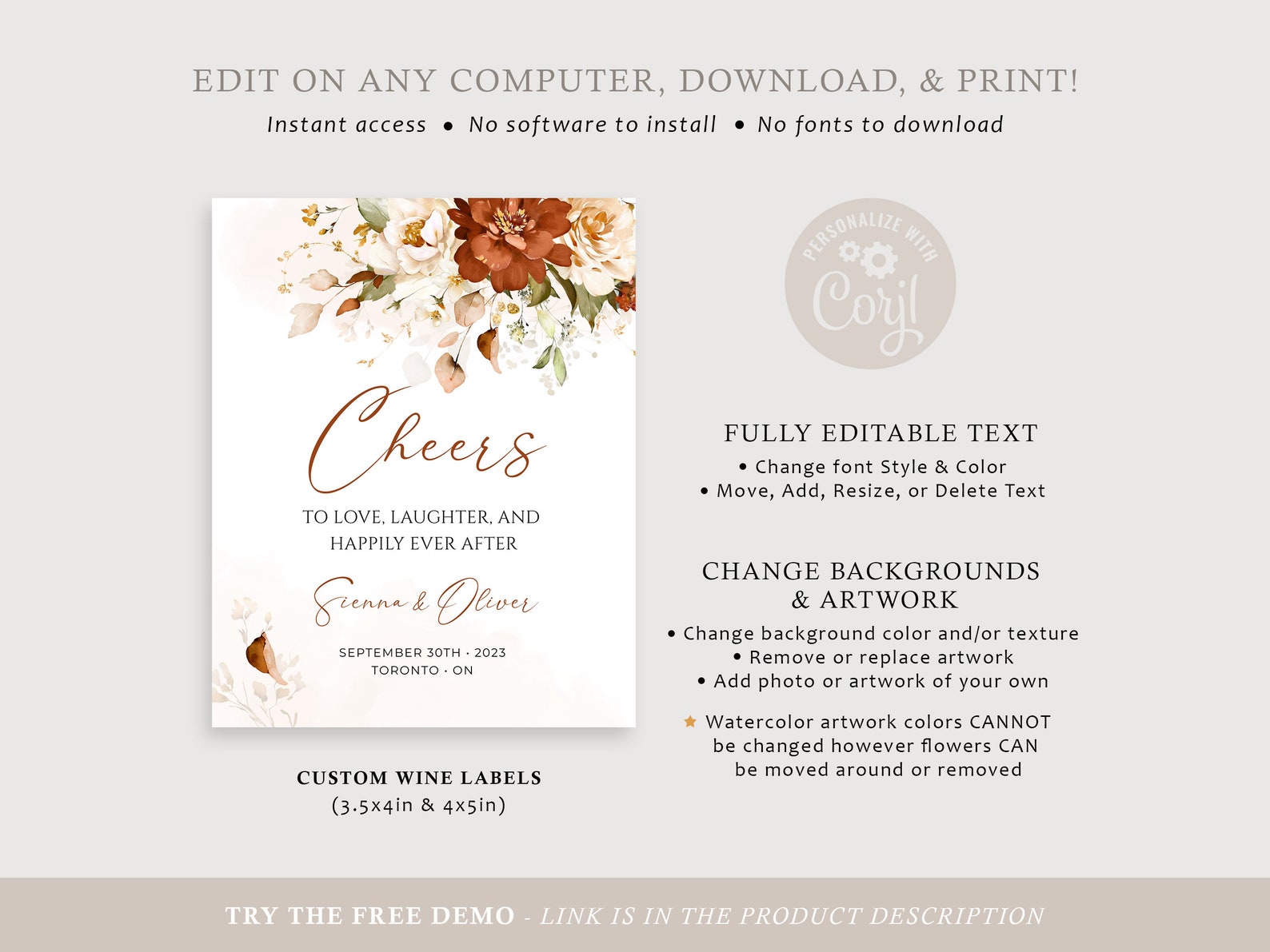 Terracotta Wedding Custom Wine Label Template Wedding Wine - Etsy