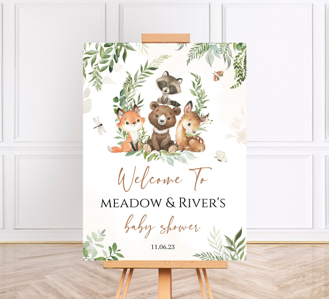 WOODLAND CREATURES Baby Shower Welcome Sign Greenery Woodland Baby ...