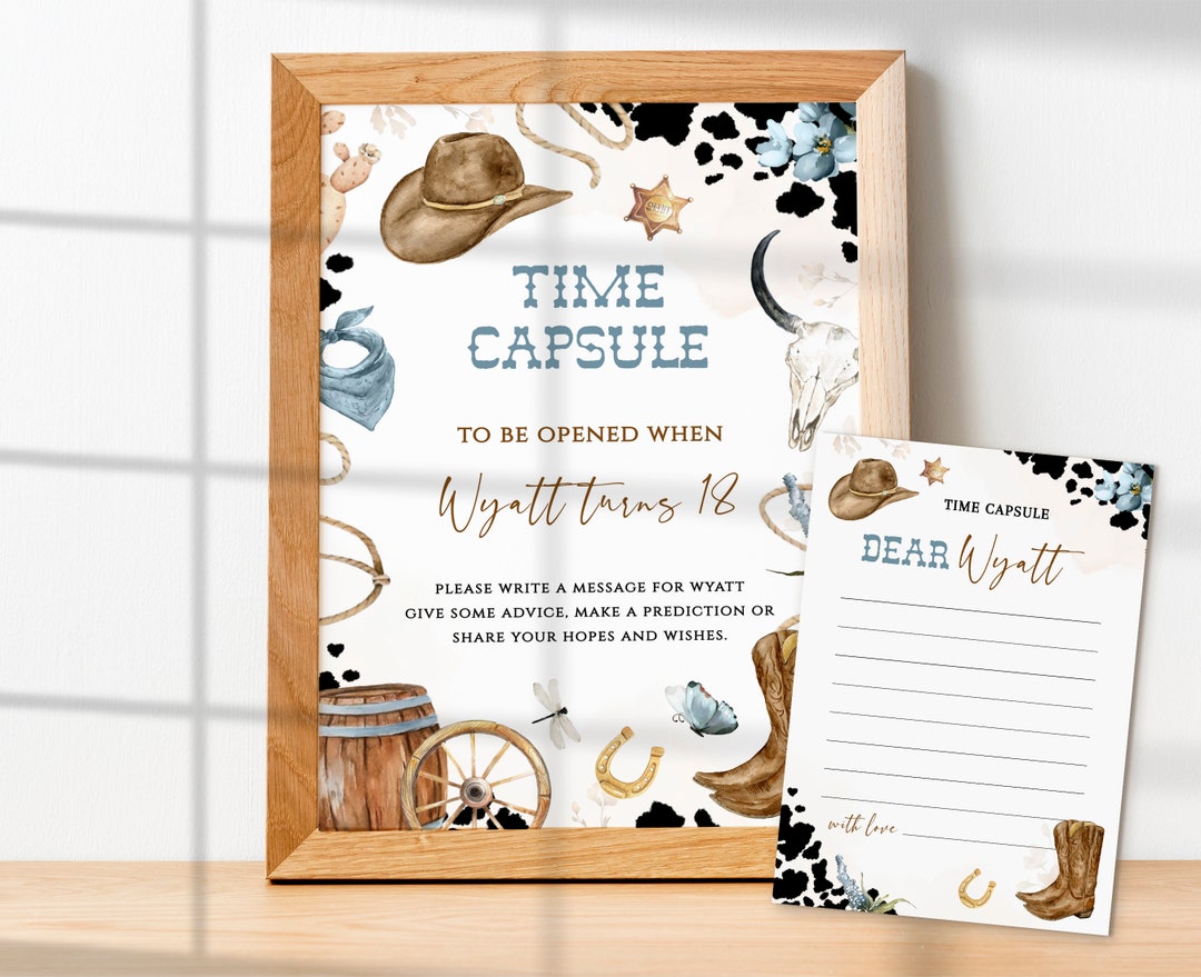 My First Rodeo TIME CAPSULE First Birthday Sign & Card, Editable Cowboy ...