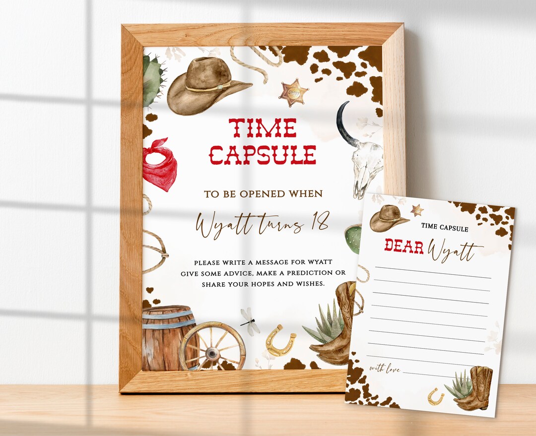 My First Rodeo TIME CAPSULE First Birthday Sign & Card, Editable Cowboy ...