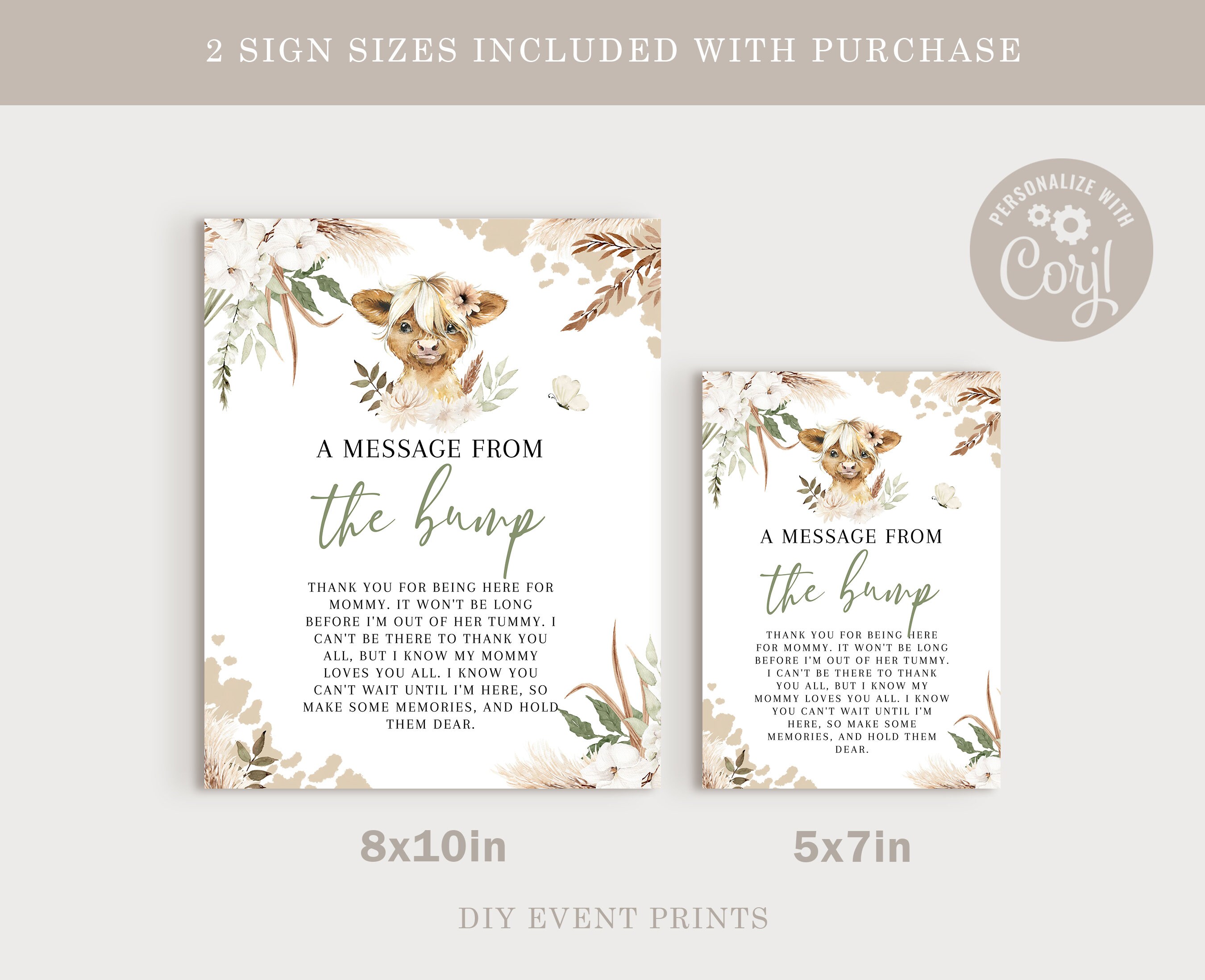 Message From the Bump Baby Shower Sign, Boho Highland Cow Baby Shower ...
