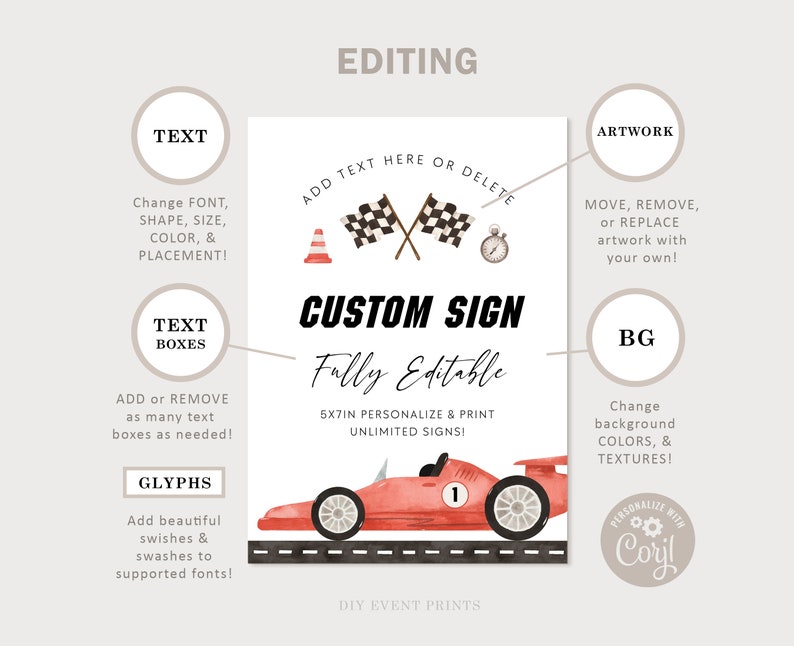 RACE CAR Birthday Custom Signs Template Set, Editable Fast One Birthday ...