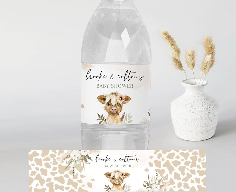 Boho Highland Cow Water Bottle Labels Template Pampas Western - Etsy