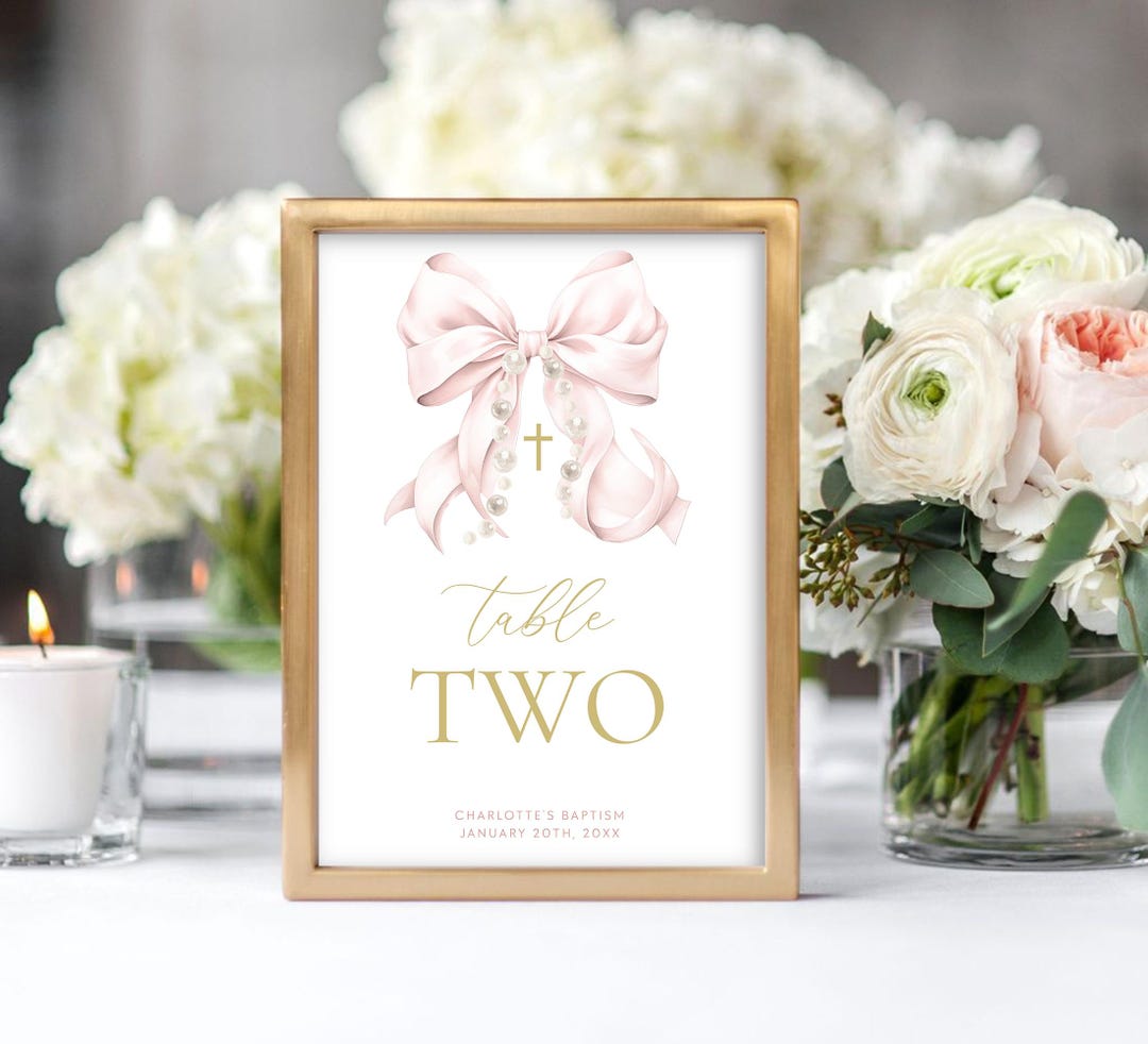 Pink Bow TABLE NUMBER Template, Baptism Table Numbers, First Communion ...