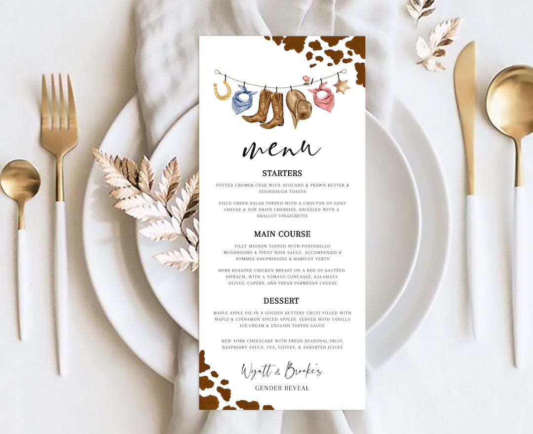 GENDER REVEAL Invitation Menu Template, Cowboy or Cowgirl Dinner Menu ...