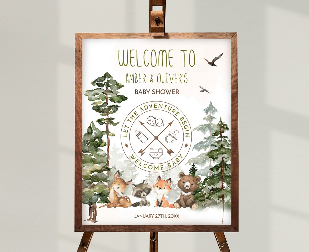CAMPING Baby Shower Welcome Sign, Woodland Baby Shower Decor, Editable ...