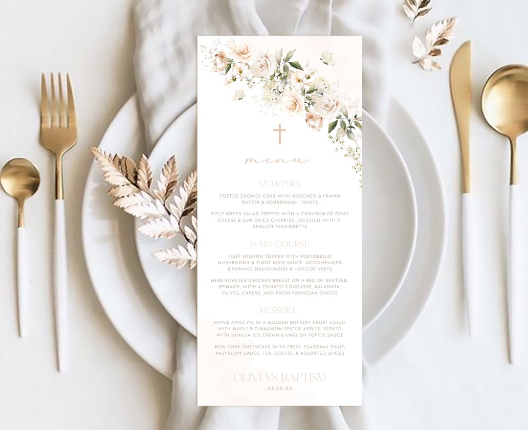 BAPTISM Menu Template, First Communion Dinner Menu, Bautizo Floral Girl ...