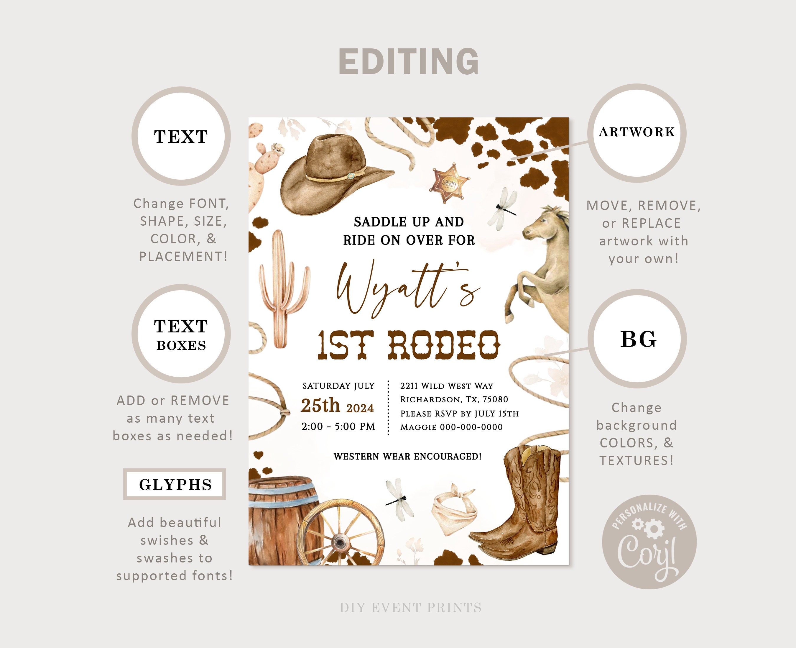 My First Rodeo Western Buffet Card Template, Printable Wild West Food ...