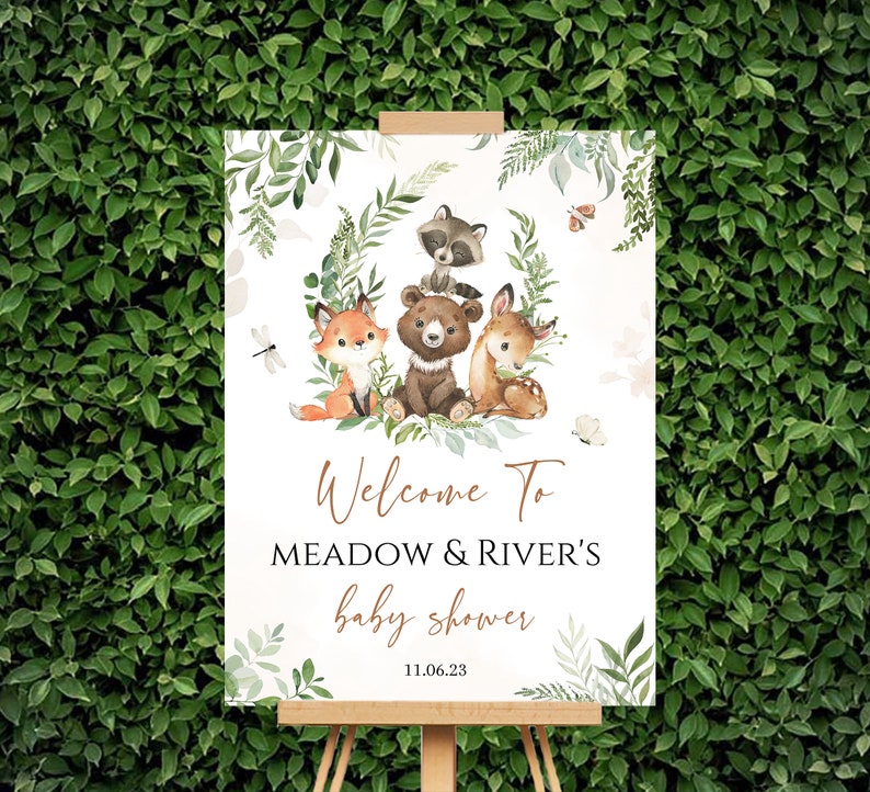 WOODLAND CREATURES Baby Shower Welcome Sign | Greenery Woodland Baby ...