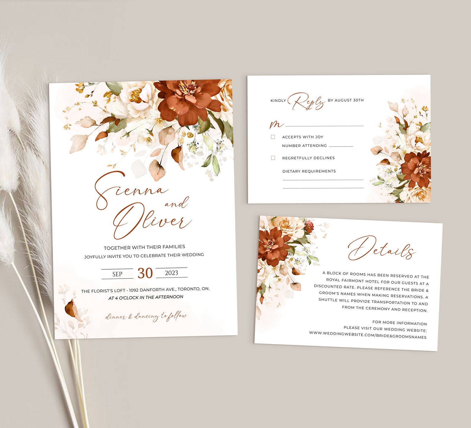 Burnt Orange Wedding Invitation Template Set, Terracotta Wedding ...