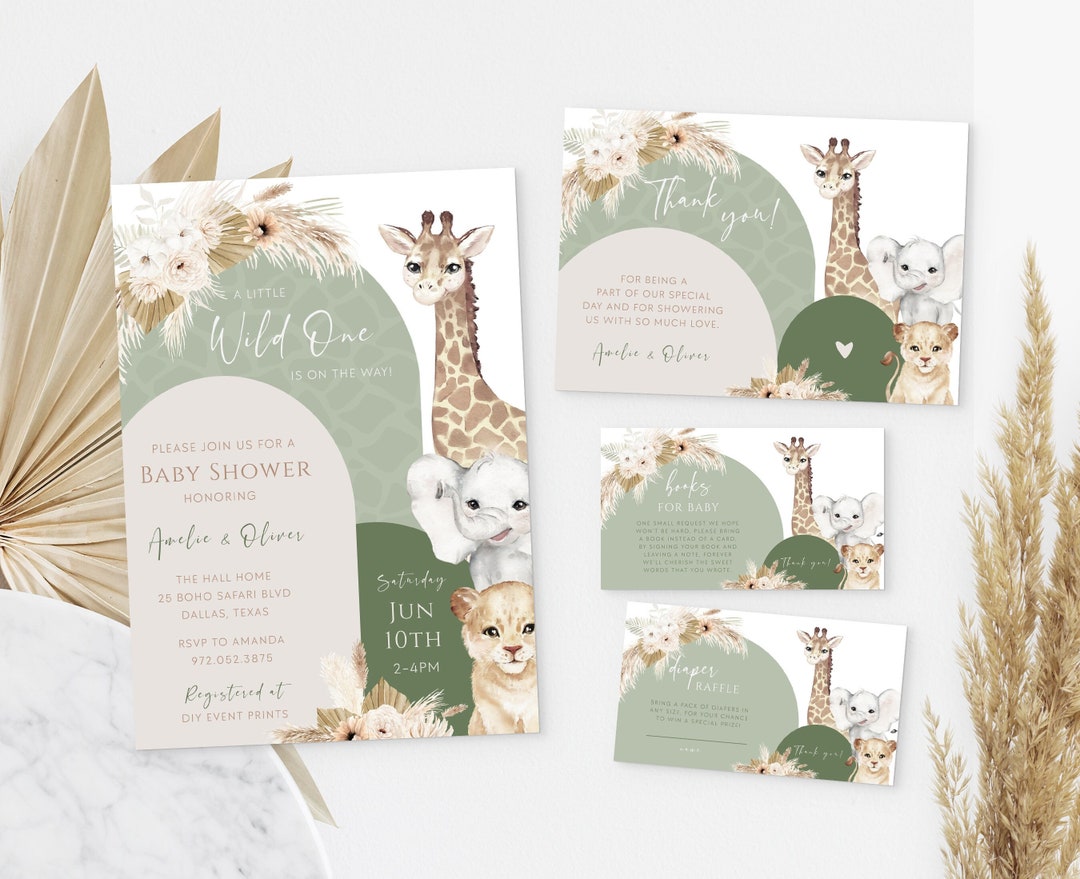 Boho Safari Baby Shower Invitation Suite, Pampas Grass Wild One Invite ...