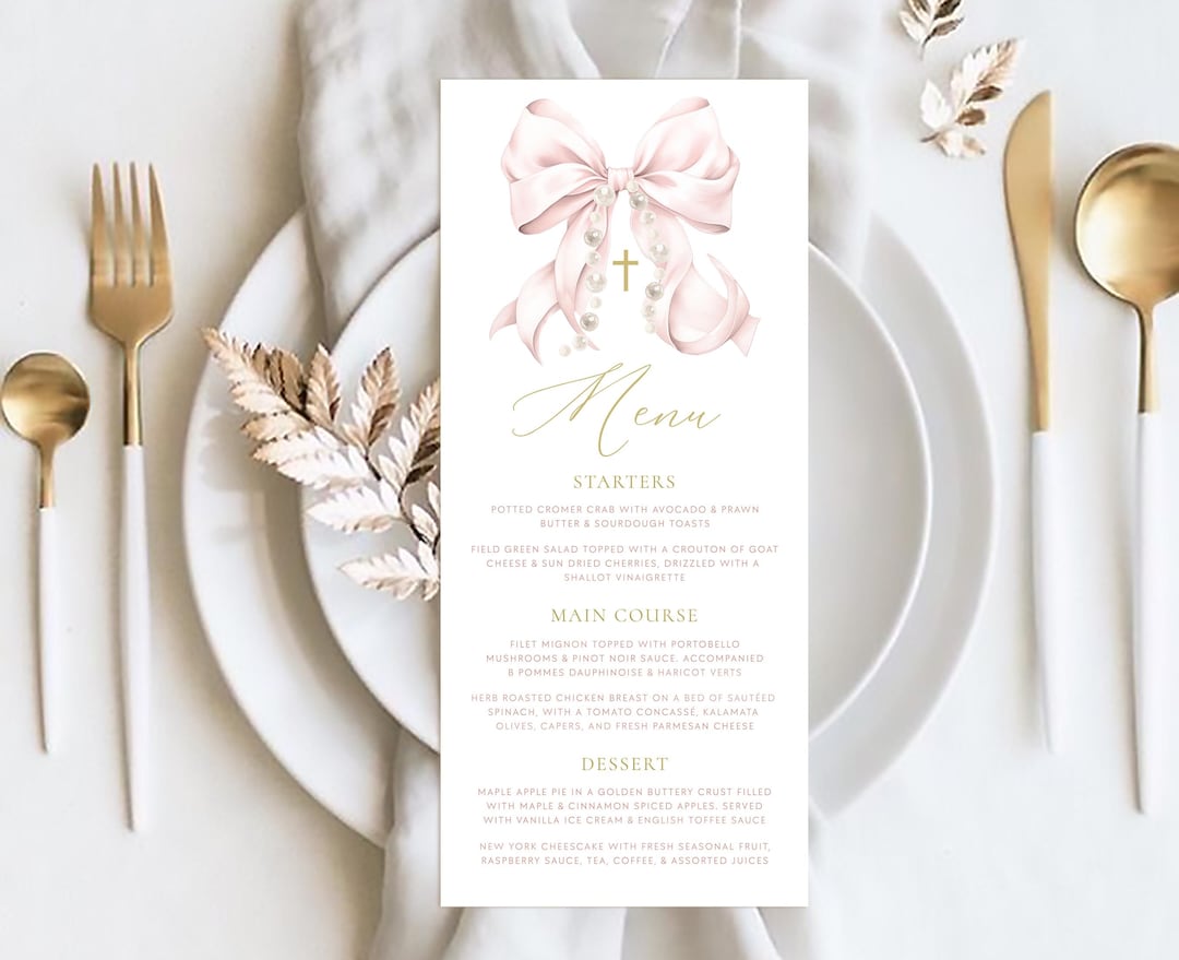 Pink Bow BAPTISM Menu Template, First Communion Dinner Menu, Bautizo ...