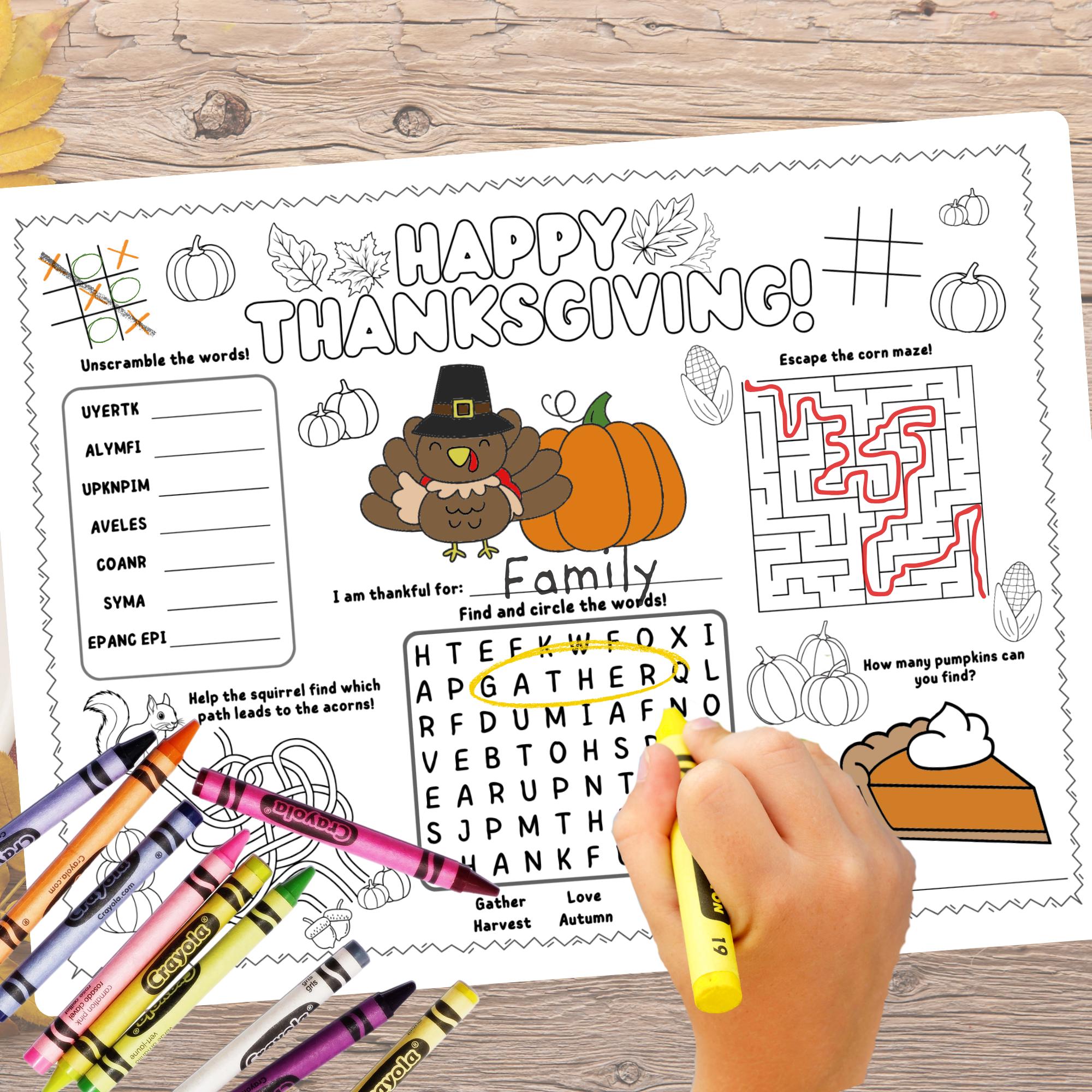 Autumn Thanksgiving Activity Placemat for Kids, Printable Coloring Page ...