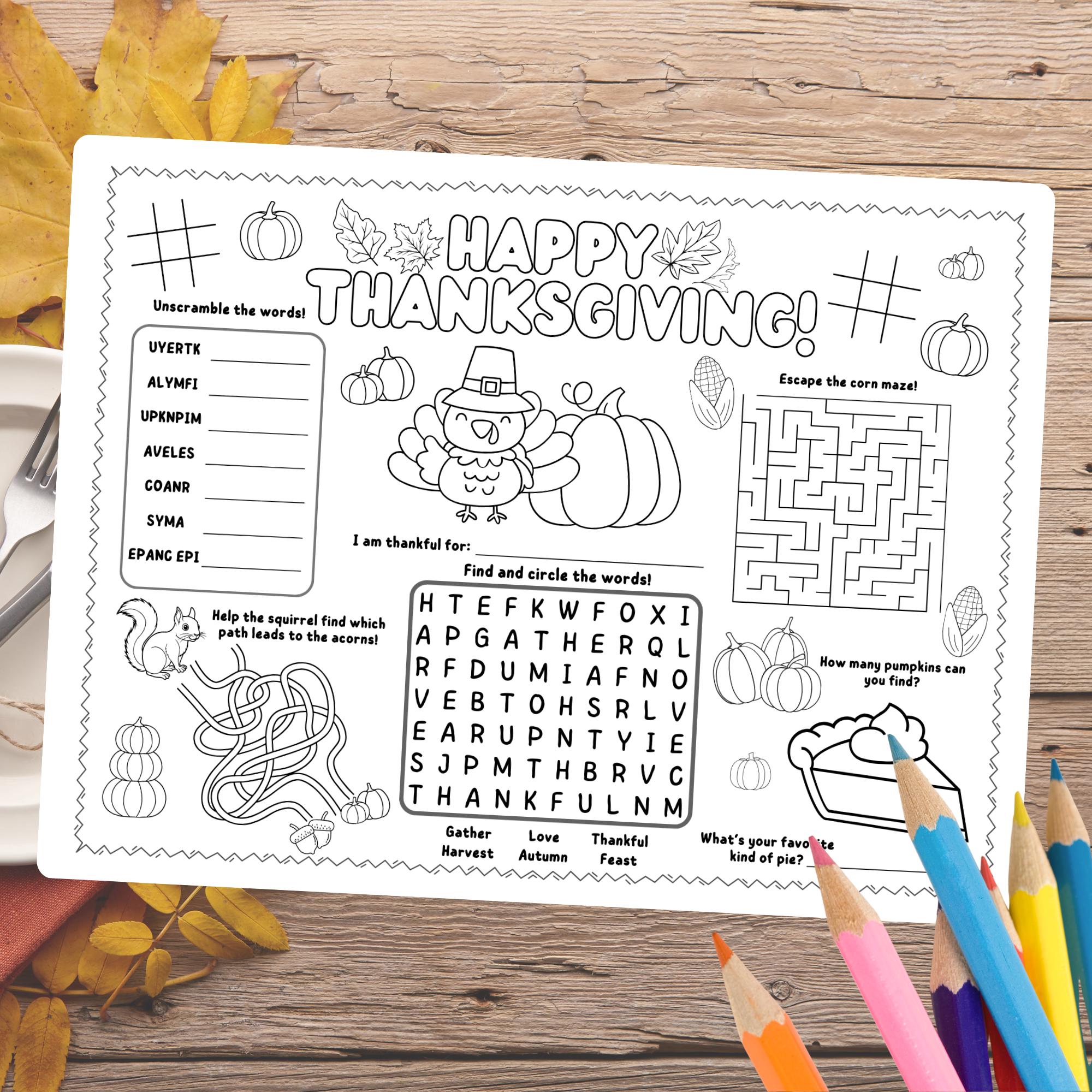 Autumn Thanksgiving Activity Placemat for Kids, Printable Coloring Page ...