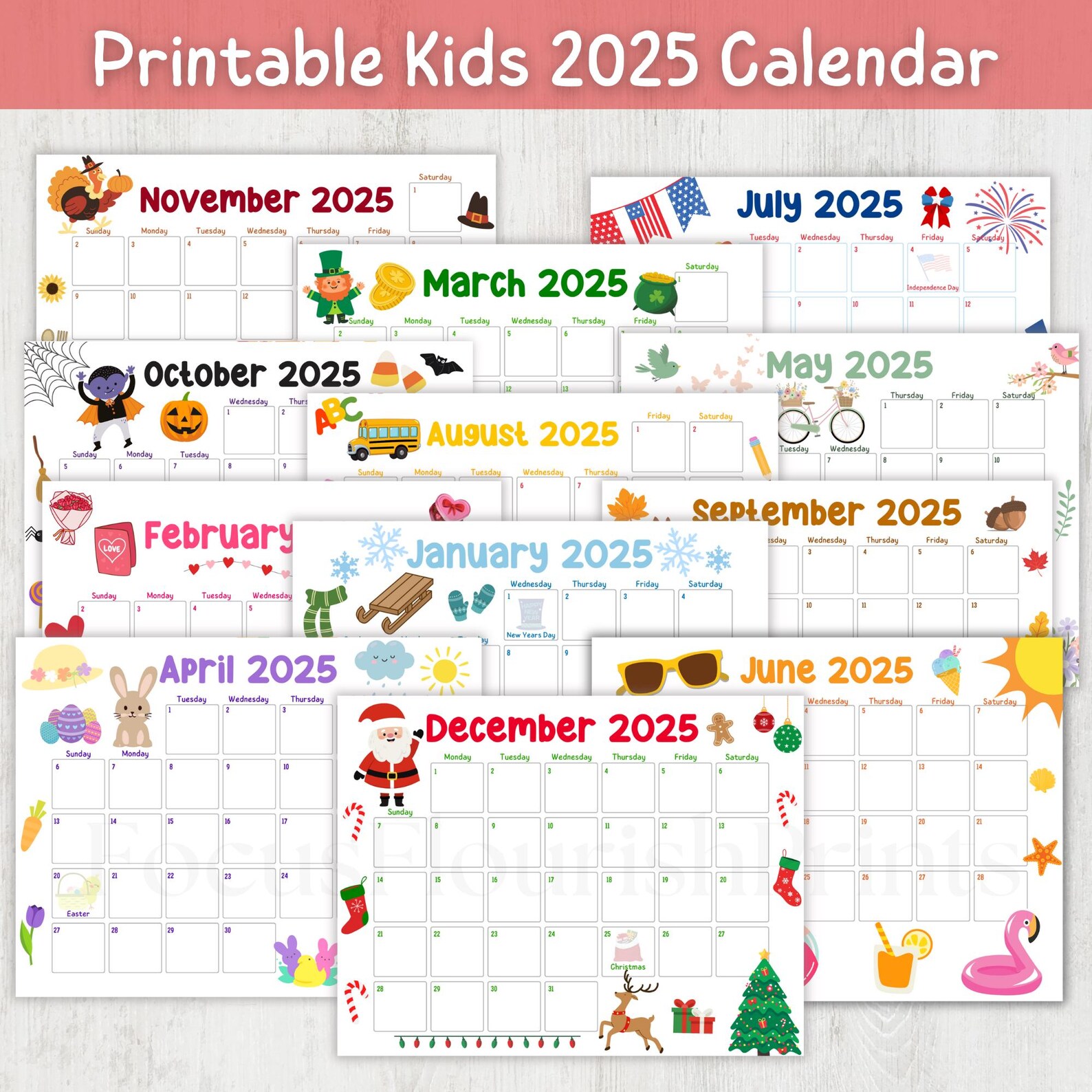 2025 Cute Printable Kids Calendar, Homeschool Calendar, Wall Calendar ...