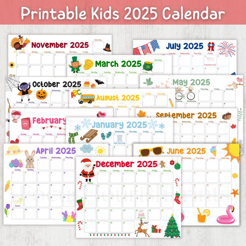 2025 Cute Printable Kids Calendar, Homeschool Calendar, Wall Calendar ...