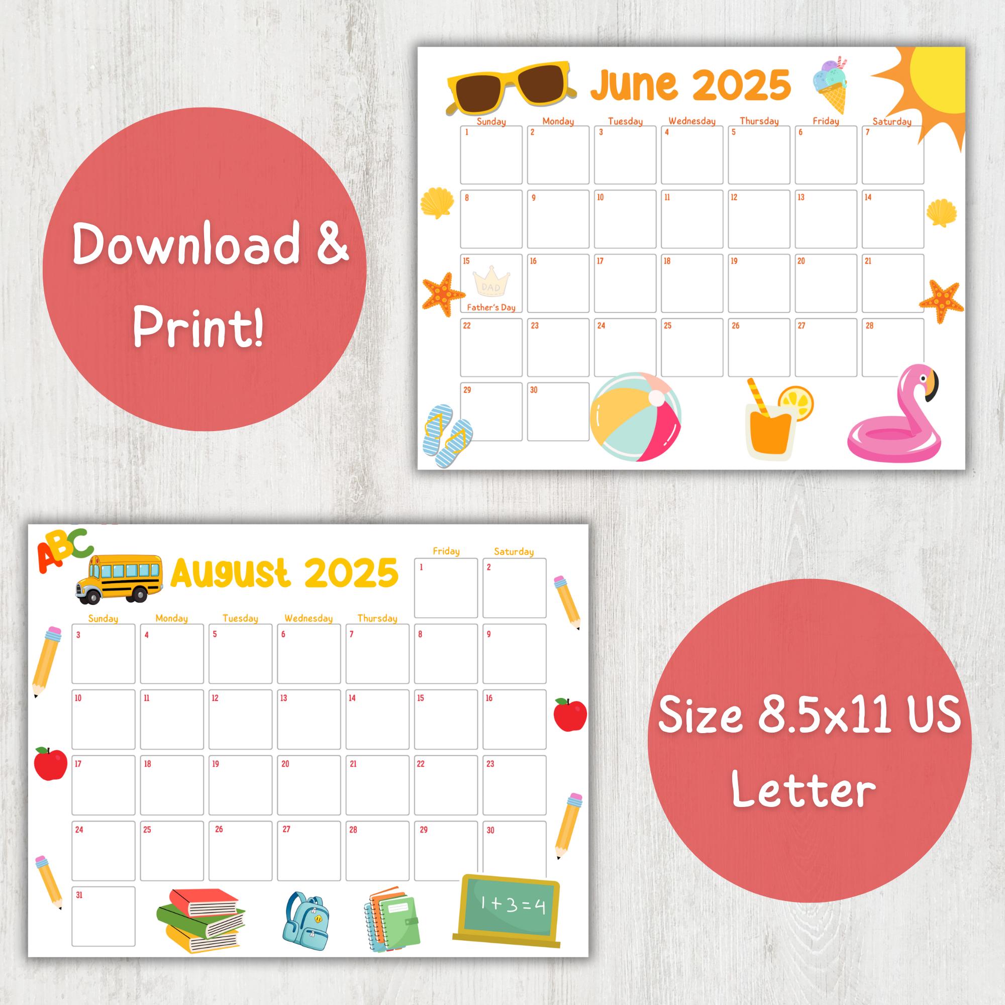2025 Cute Printable Kids Calendar, Homeschool Calendar, Wall Calendar ...