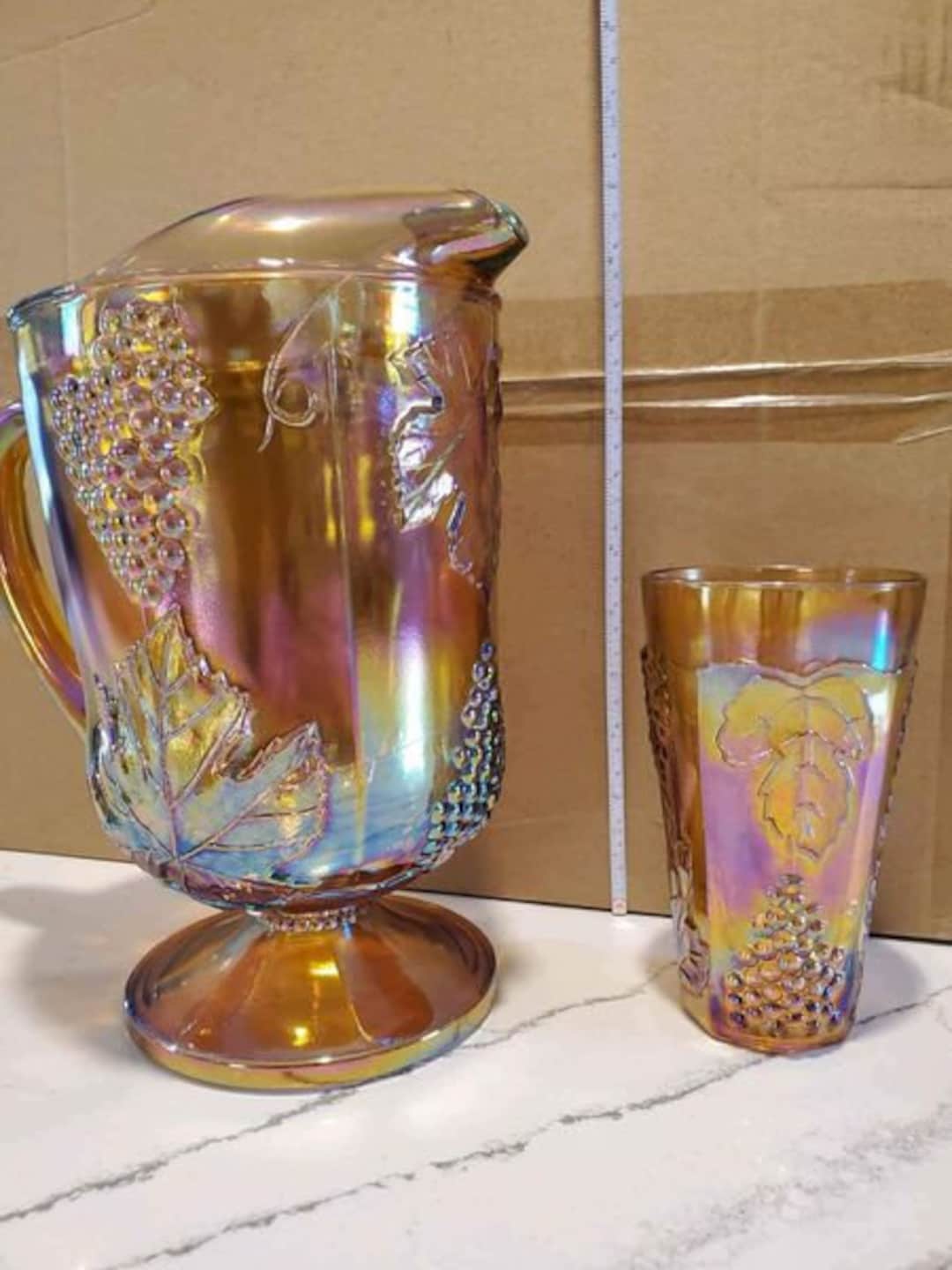 Vintage Carnival Glass Pitcher With 6 Glasses - Etsy