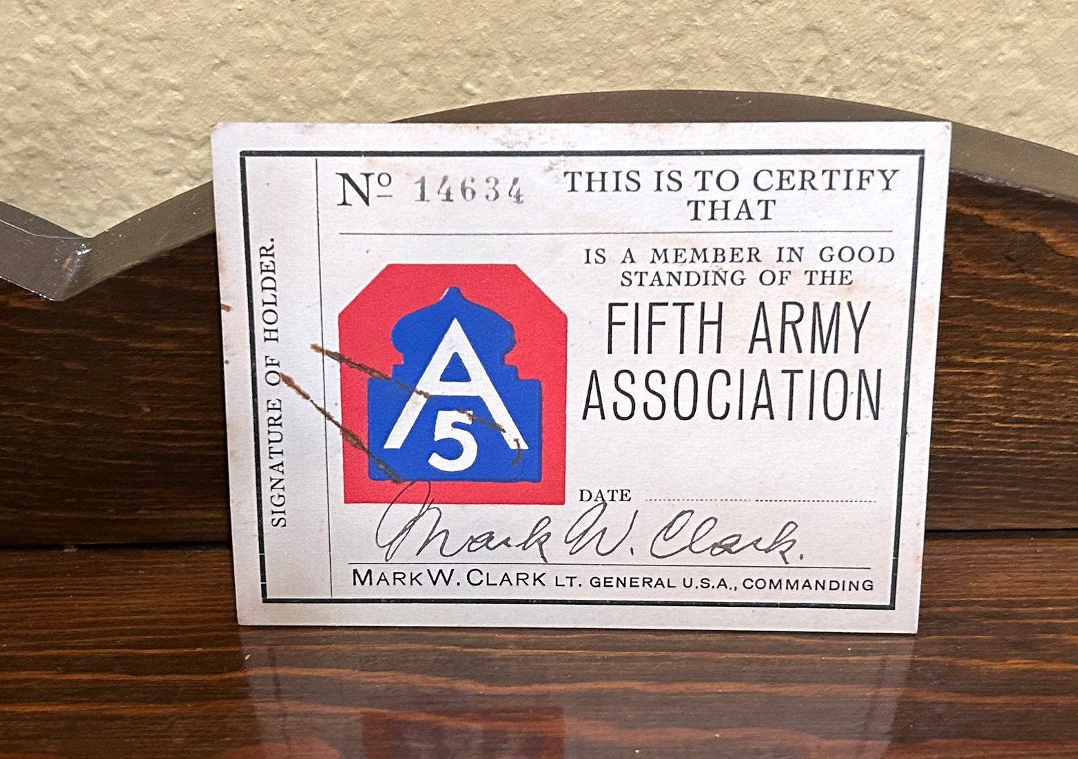 WW II Fifth Army Association Membership Card Signed by Lt. General Mark ...