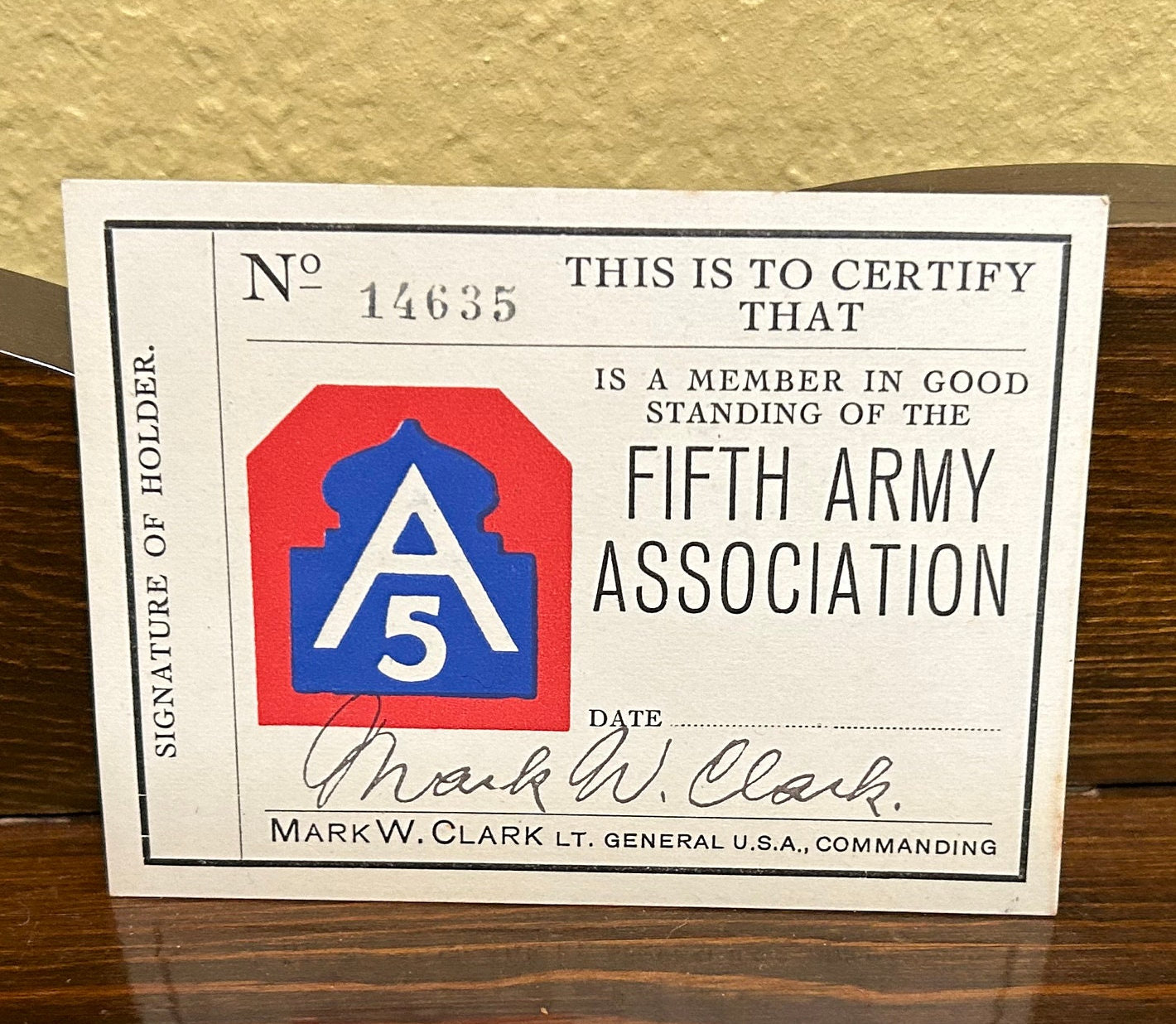 WW II Fifth Army Association Membership Card Signed by Lt. General Mark ...