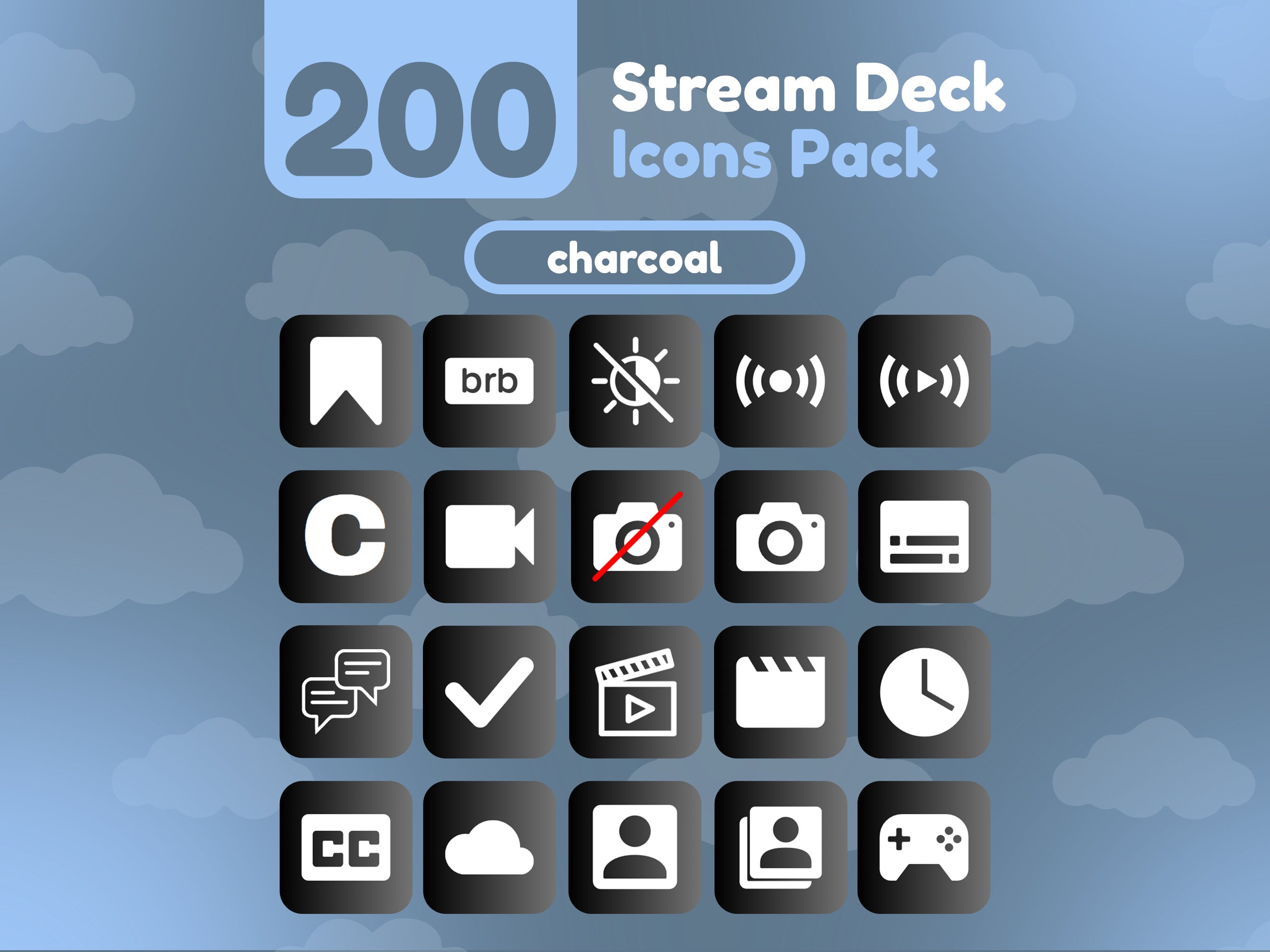 200 Stream Deck Icons | Black + Grey / Gray Gradient | Charcoal ...