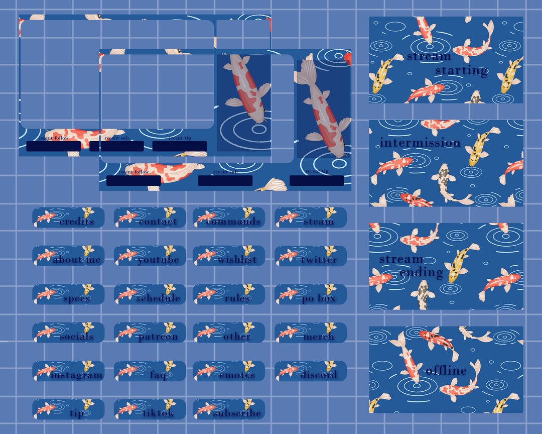Simple Cute Aesthetic Koi Fish Pond Twitch Overlay Package Streamer ...