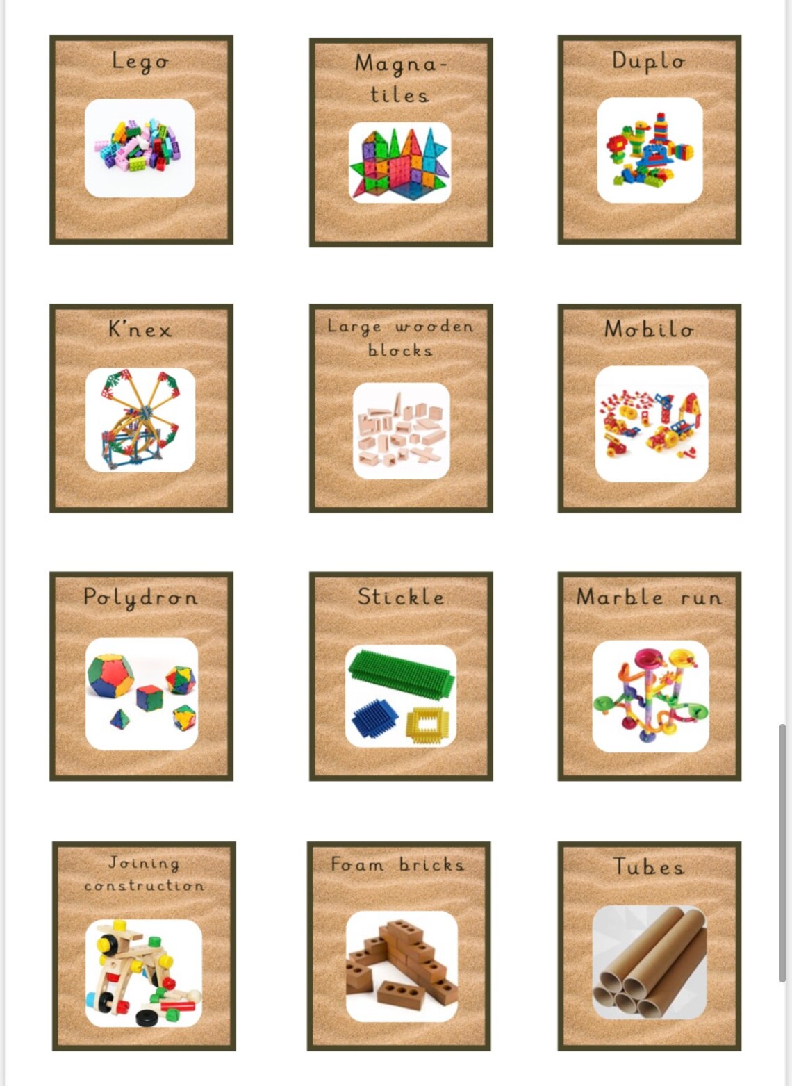 Natural Sand Classroom Labels - Small World, Construction, Loose Parts ...