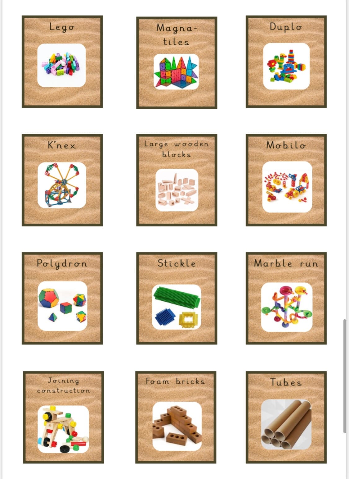 Natural Sand Classroom Labels - Small World, Construction, Loose Parts ...