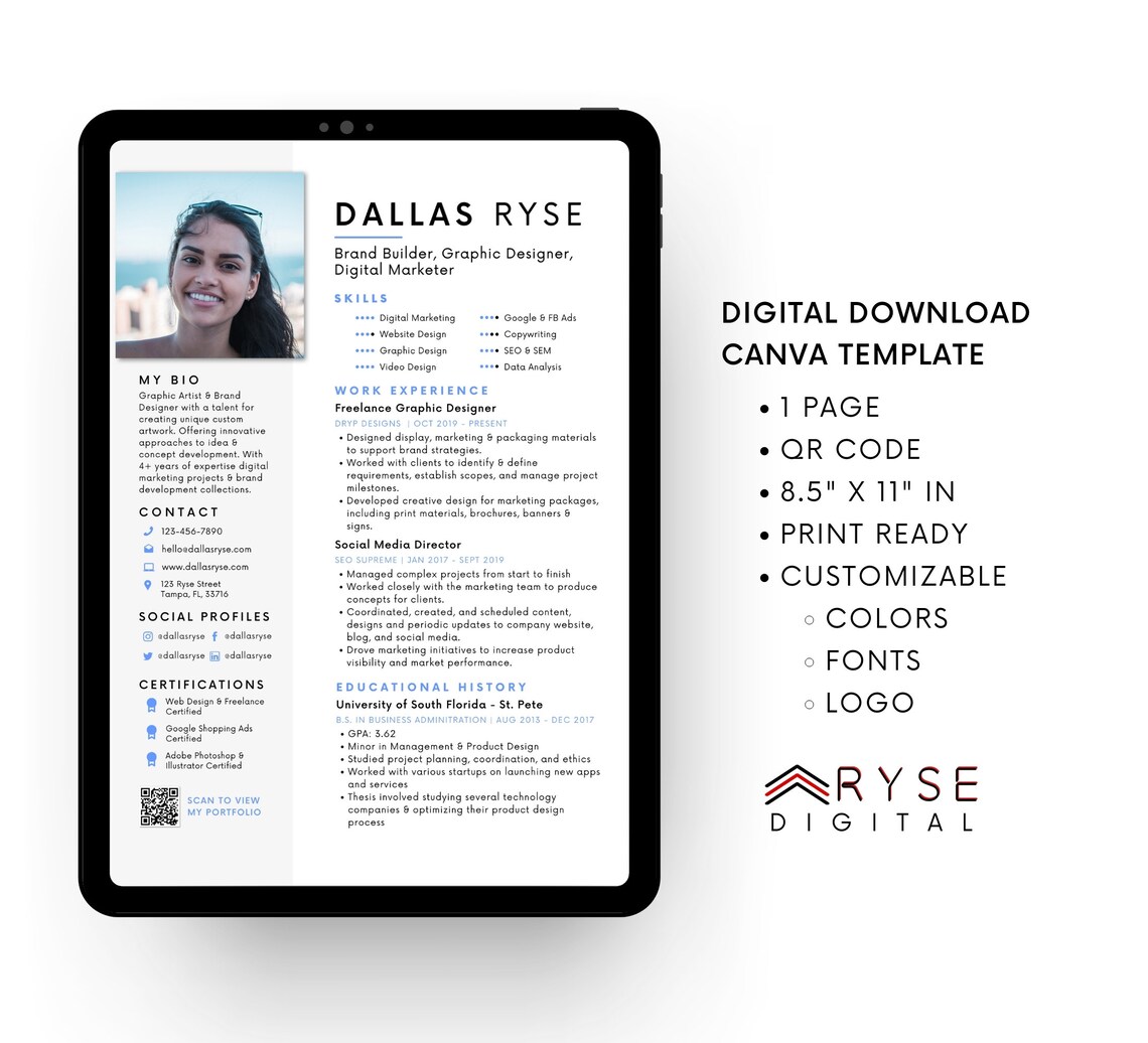 Modern Resume Template With QR Code Editable Canva Template - Etsy