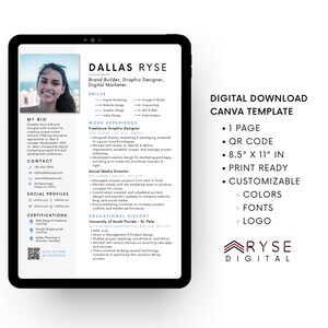 Modern Resume Template With QR Code Editable Canva Template - Etsy