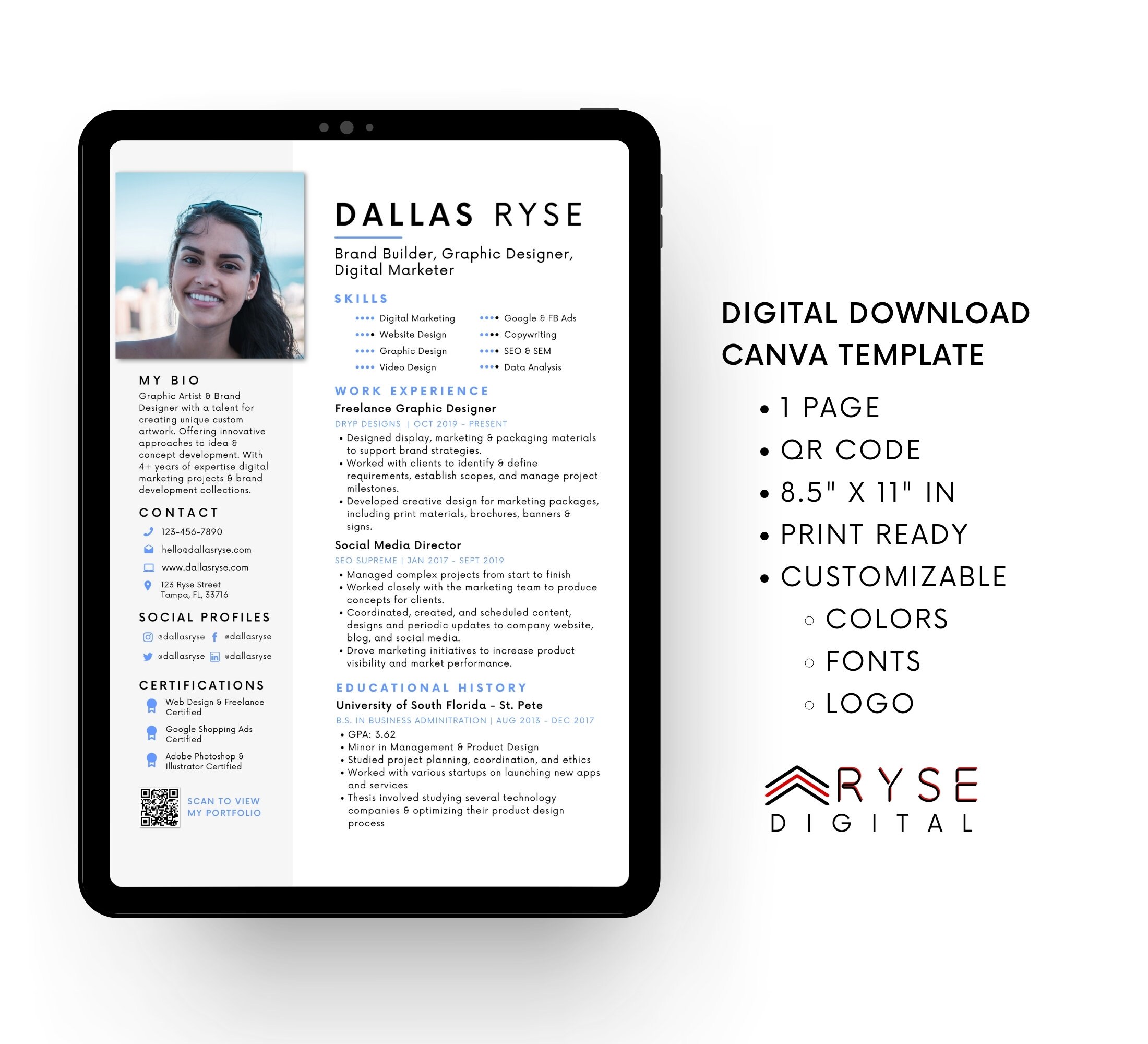 Modern Resume Template With QR Code Editable Canva Template - Etsy