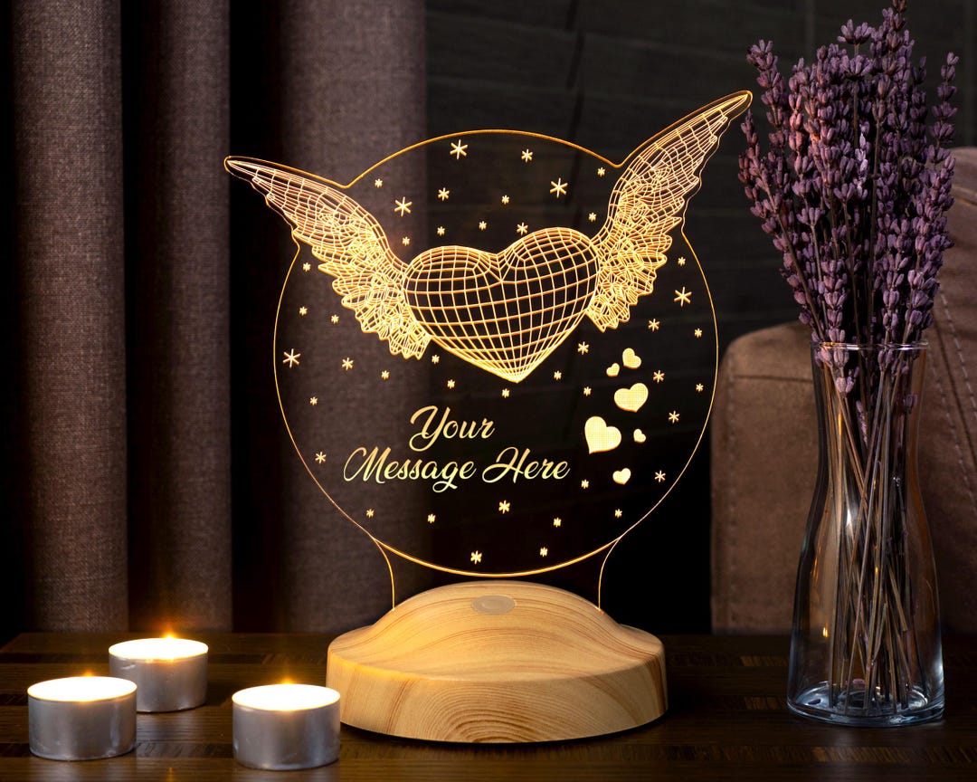 Custom Heart Night Light With Wings - Custom Text Acrylic Night Light ...