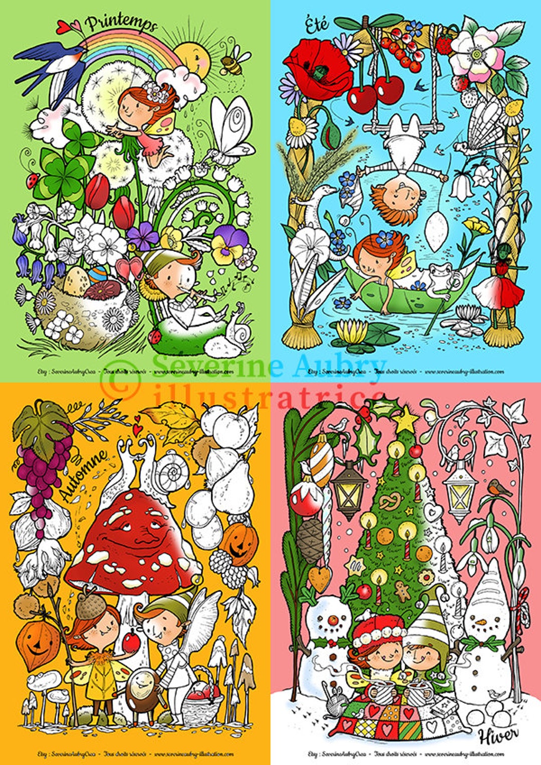 Pack of 4 Digital Coloring Pages "4 Seasons", to Print and Color ...