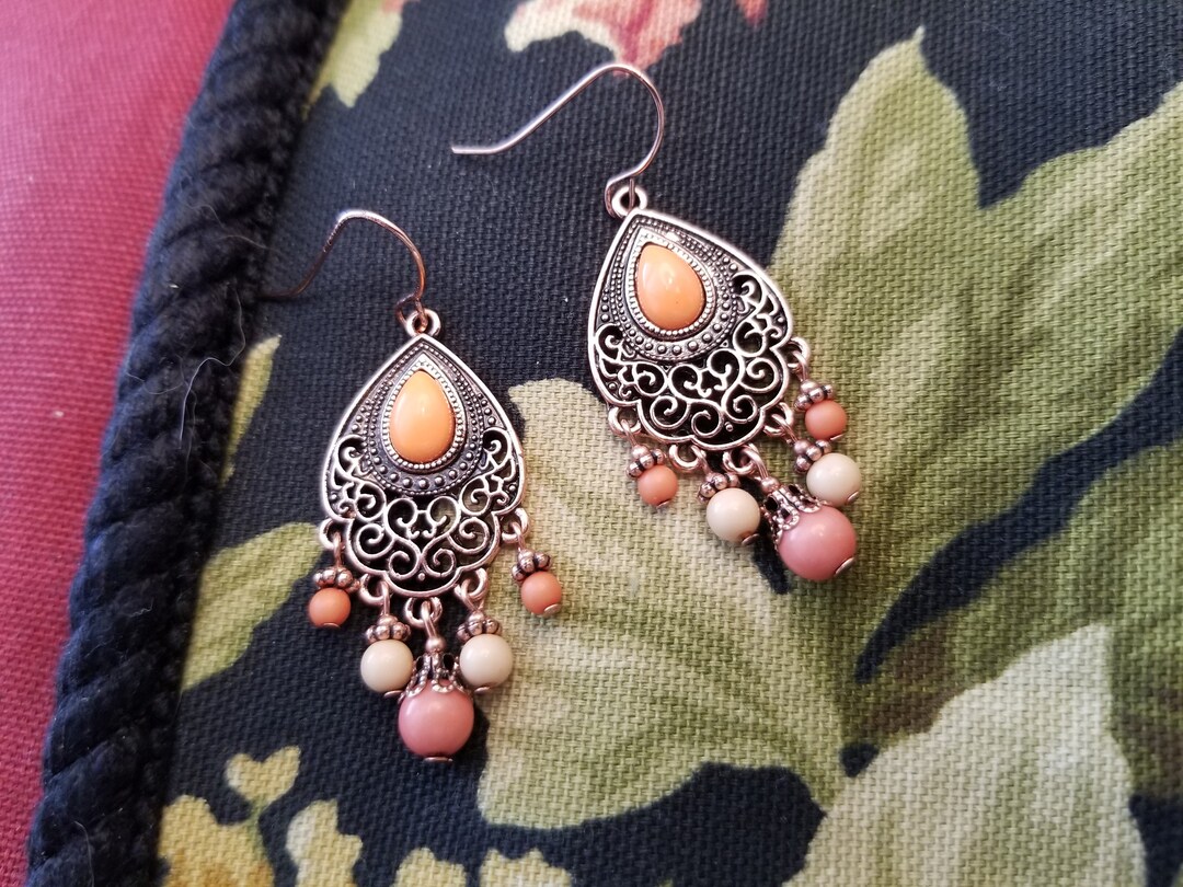 Antique Vintage Inspired Copper Salmon Beads Dangle Earrings T - Etsy