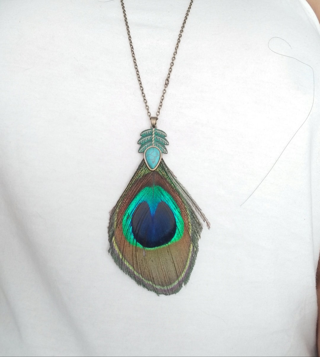 Peacock Feather Verdigris Bronze Finish Long Necklace K - Etsy