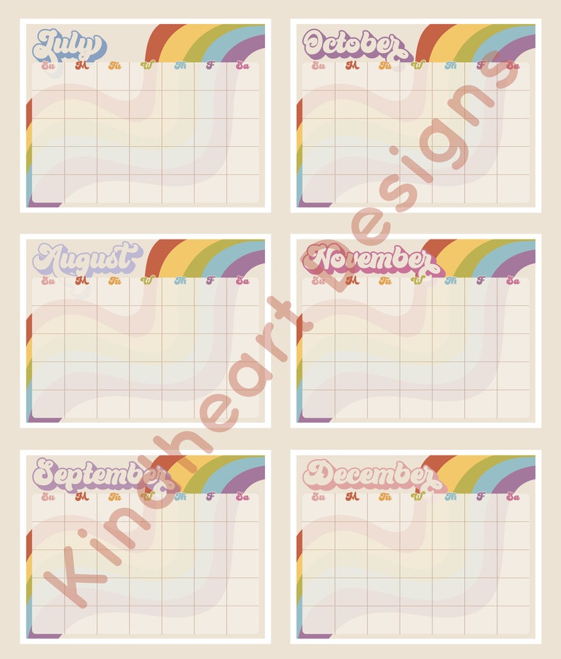 BLANK Landscape Calendar Printable - Retro Rainbow Collection - Etsy
