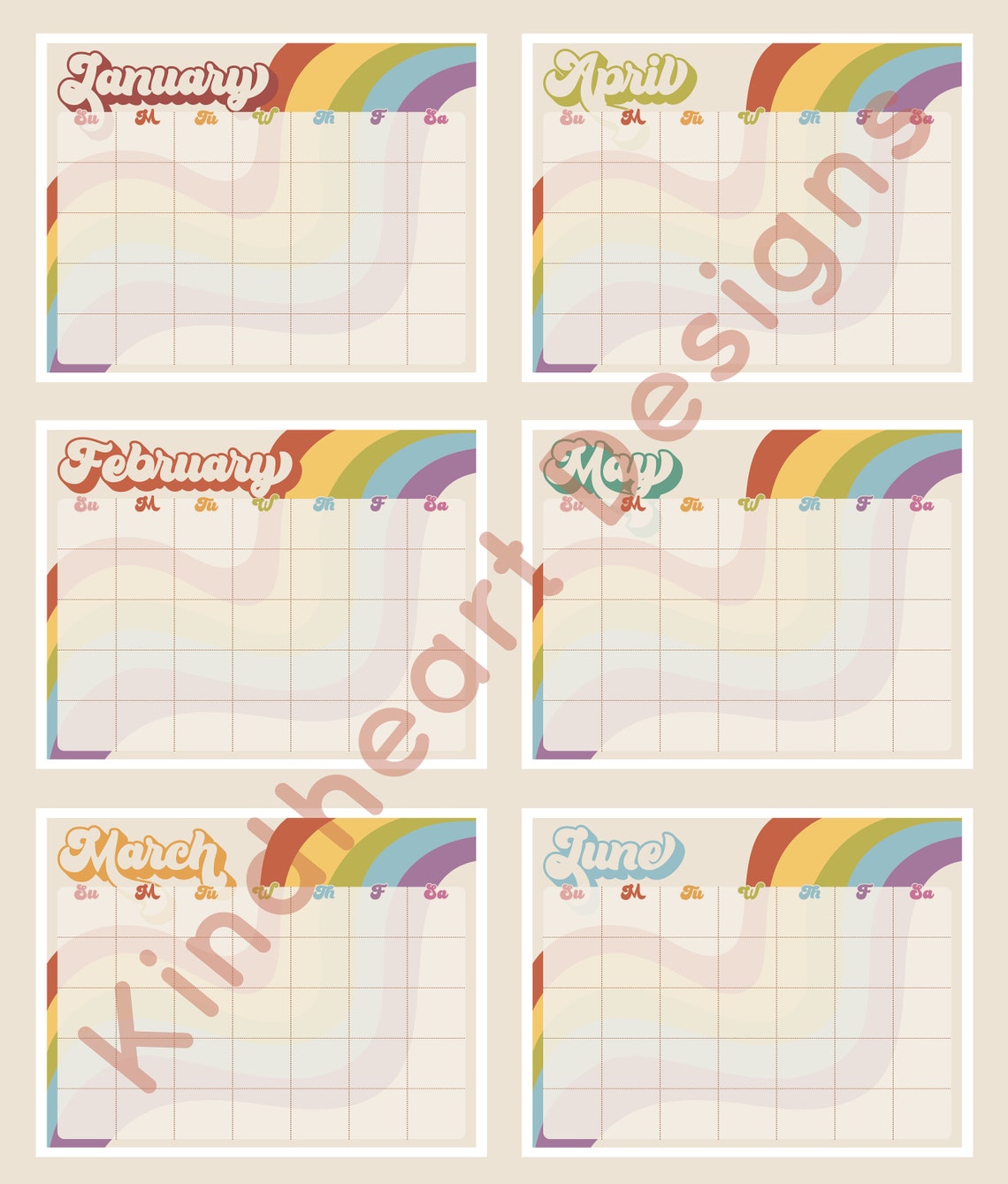 BLANK Landscape Calendar Printable - Retro Rainbow Collection - Etsy