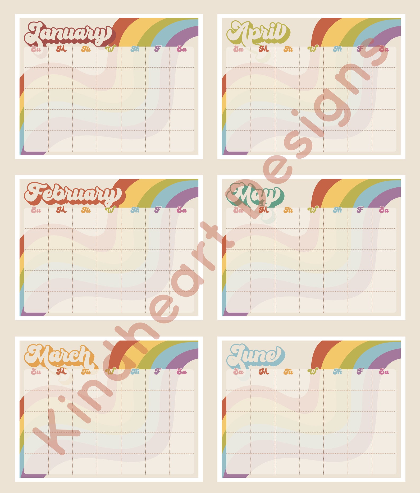 BLANK Landscape Calendar Printable - Retro Rainbow Collection - Etsy