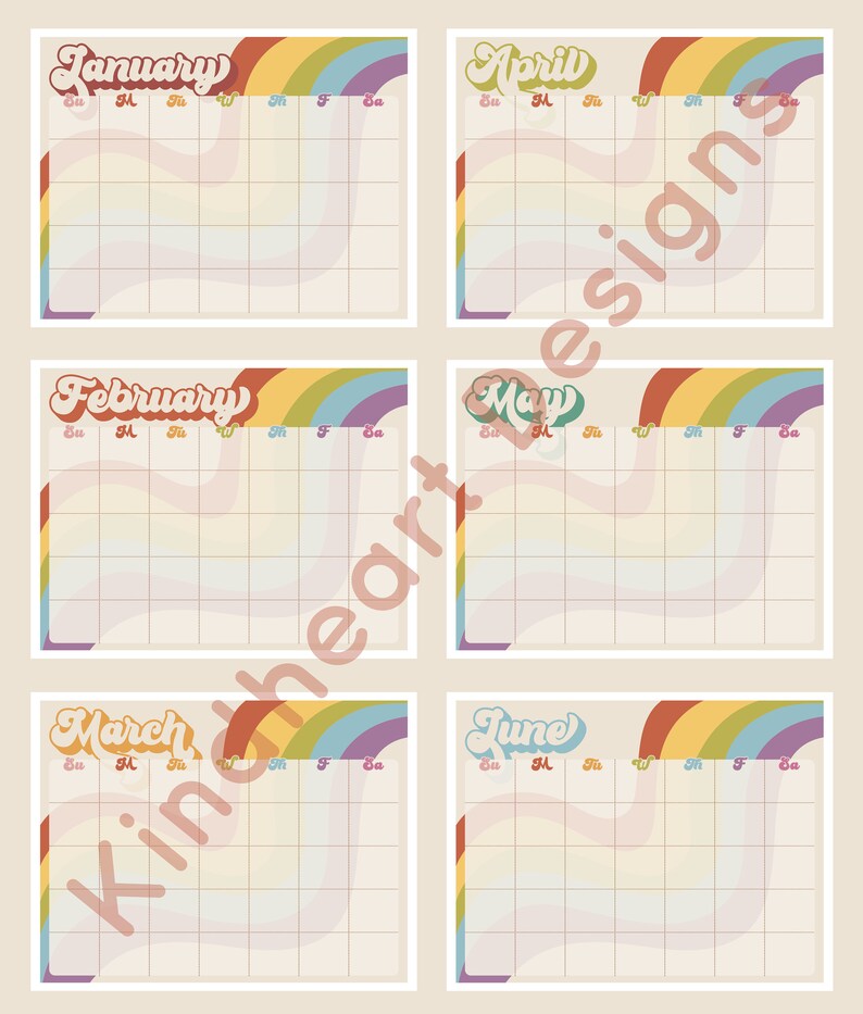 BLANK Landscape Calendar Printable - Retro Rainbow Collection - Etsy