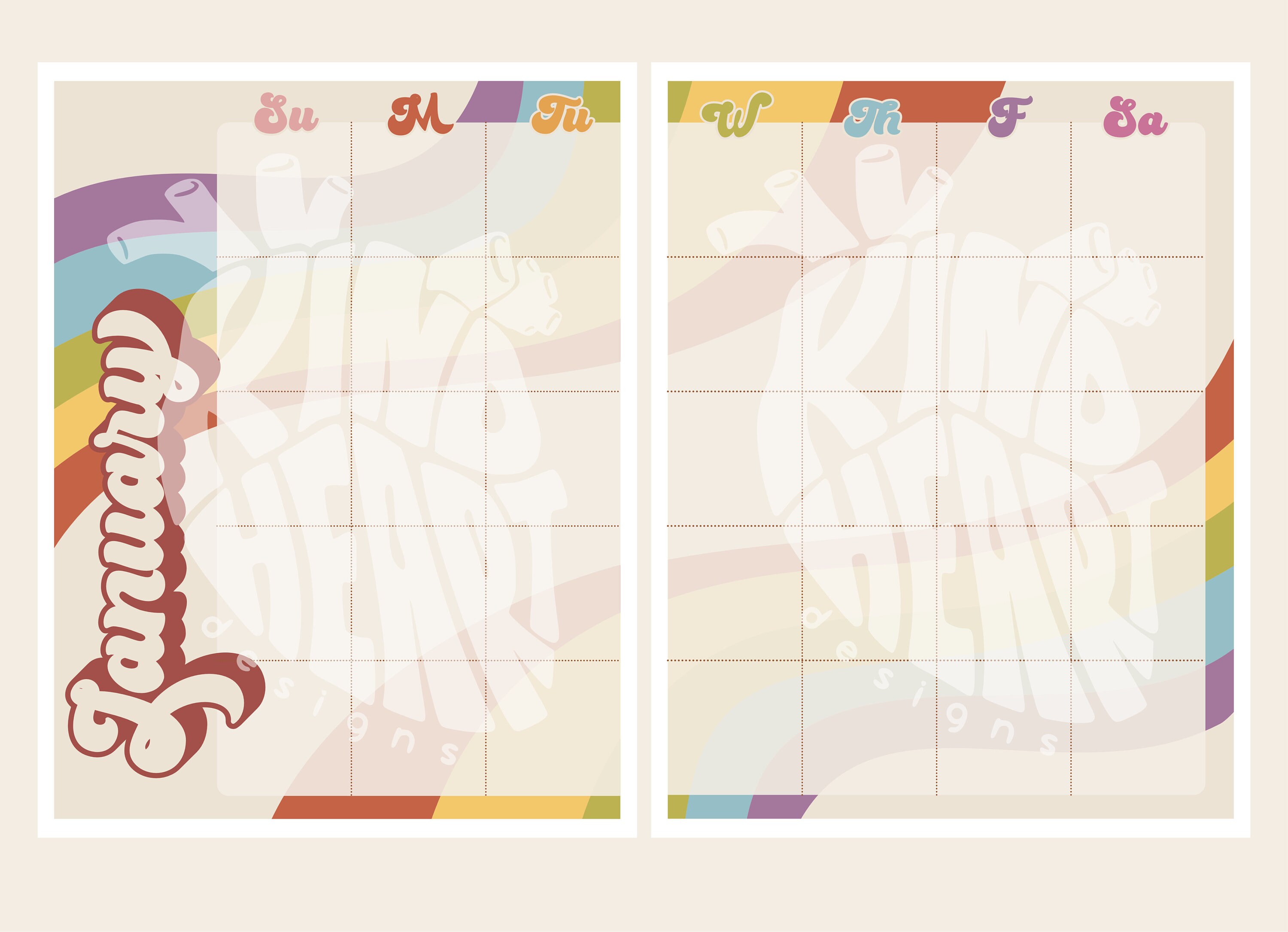 BLANK 2-page Calendar Spread Planner Printable - Retro Rainbow ...