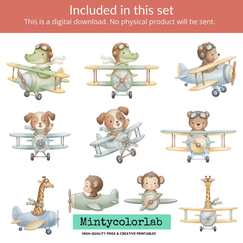 Animal Pilots Clipart: 40 Aviation PNG Illustrations (digital Download ...