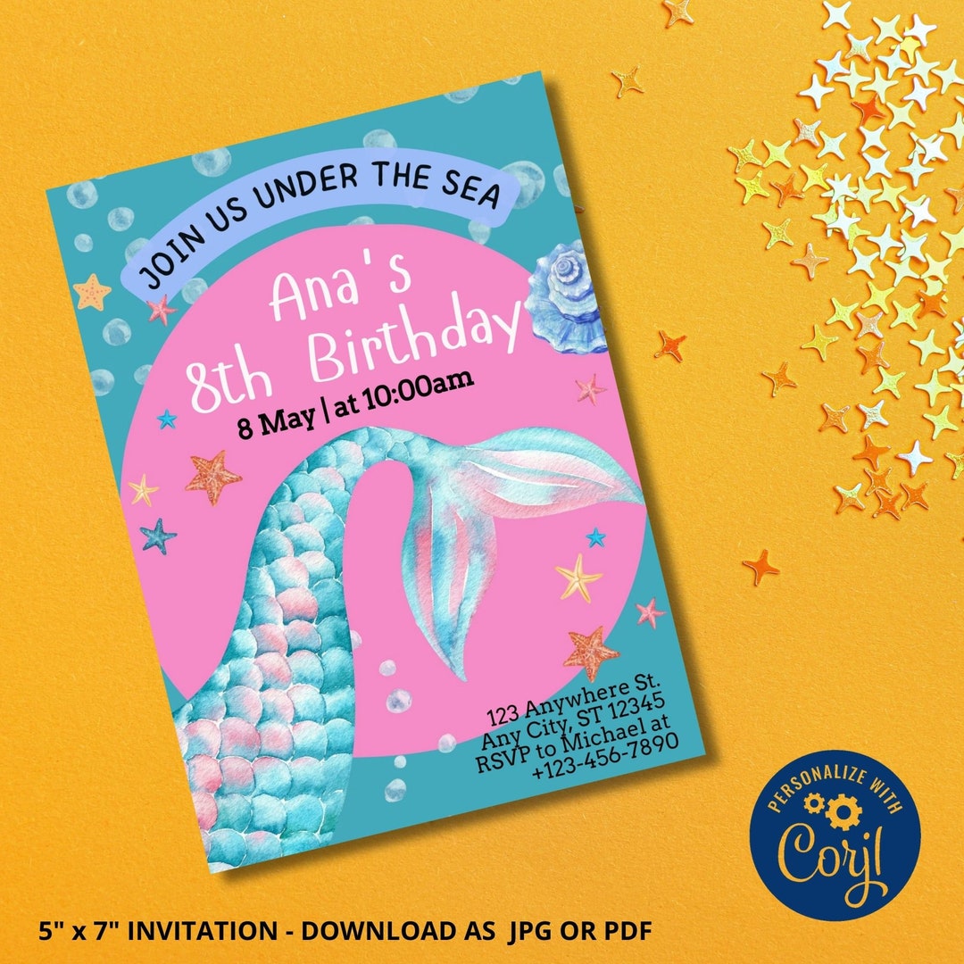Editable Mermaid Birthday Invitation Under the Sea Party Theme ...