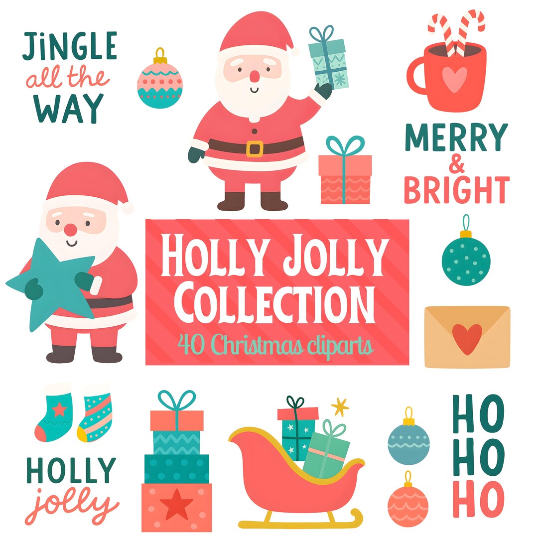 Holly Jolly Christmas Clipart Bundle: 40 PNG Files – Santa, Gifts ...